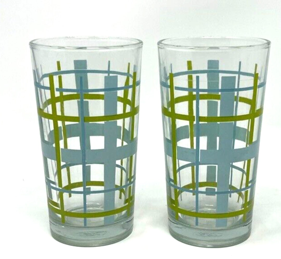Libby Vintage Pastel Green and Blue Plaid High Ball Glasses Set of 2 Marked - Etsy