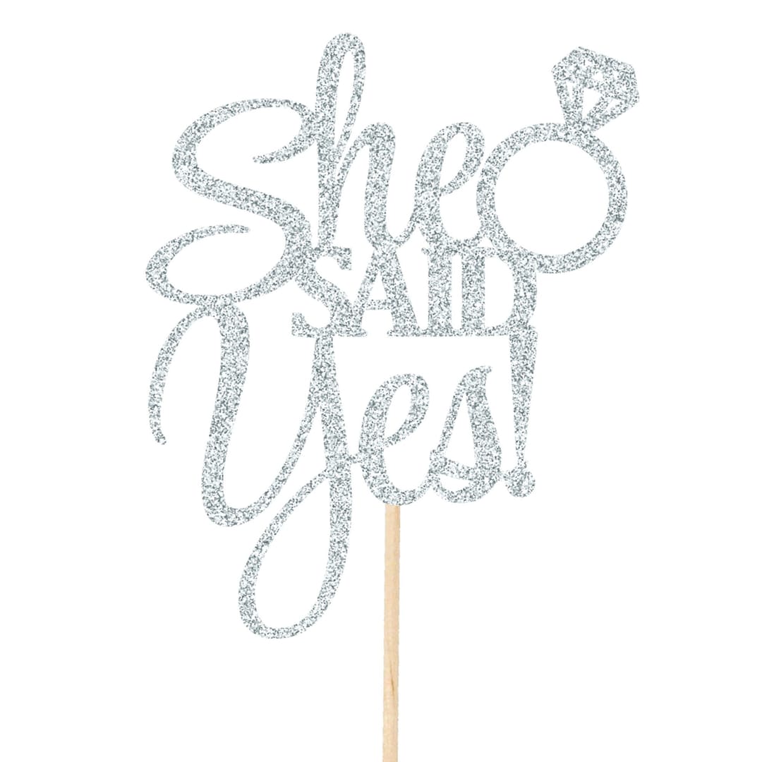 She Said Yes Cake Topper Silver Glitter Card Bride Wedding Engagement ...