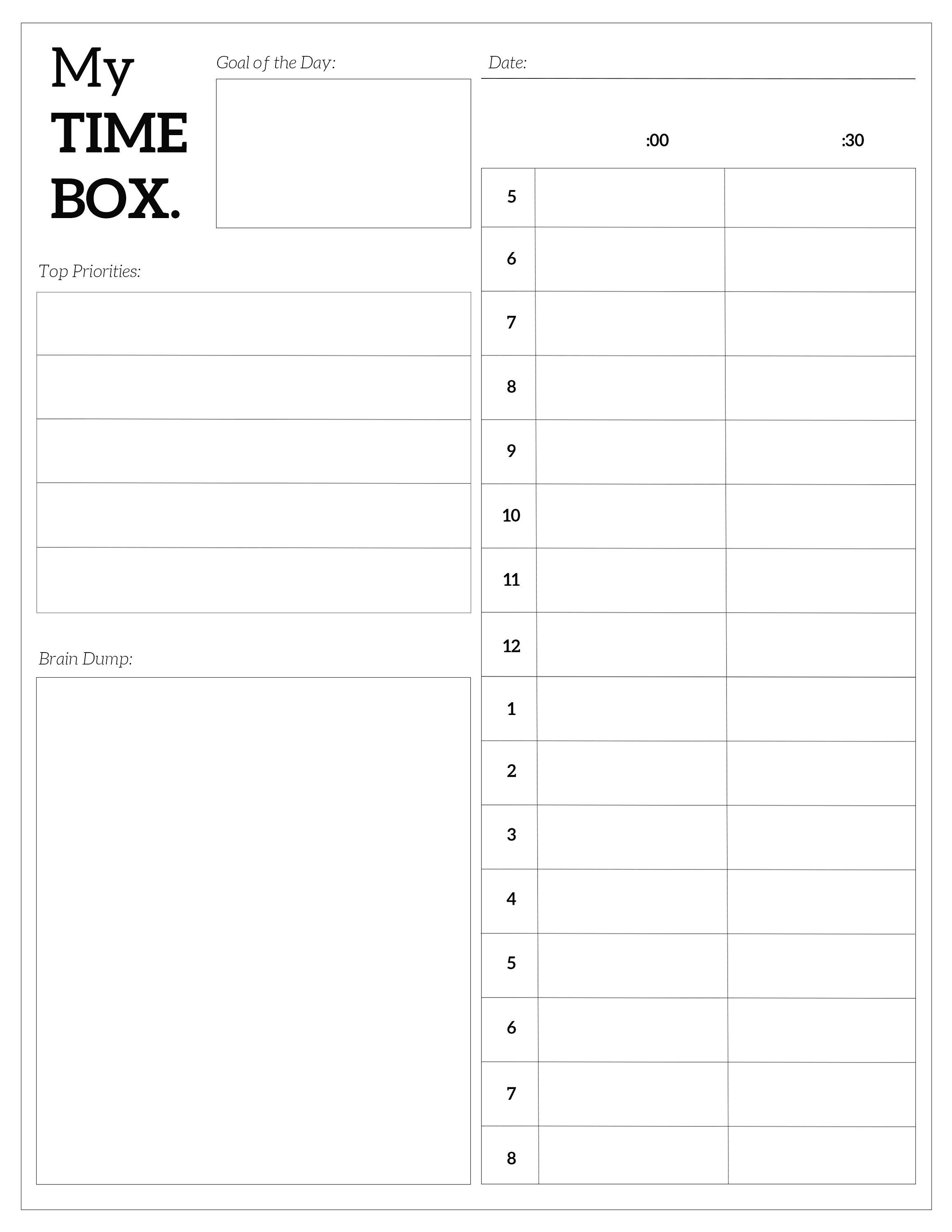 Time Box Template | Time Management | Time Organization | Memory ...