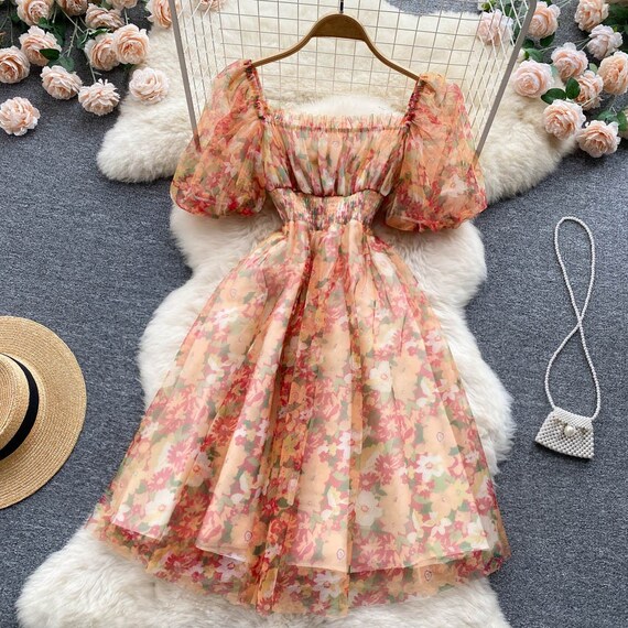 Summer Spring Floral Print Square Neck Puff Sleeve Mesh Dress Etsy