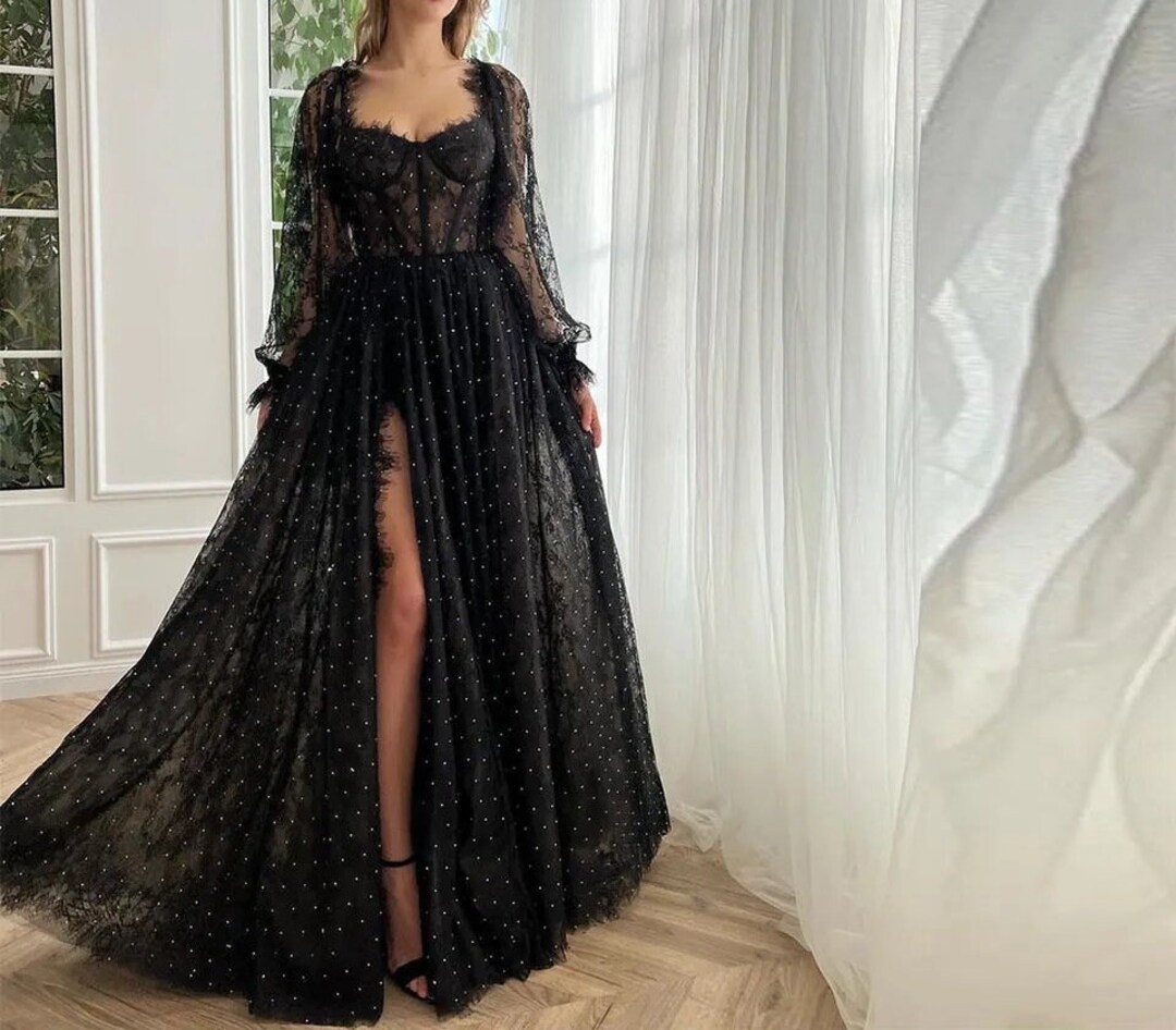 Black Lace Glitter Prom Dress Leg Slit Evening Gown Long - Etsy