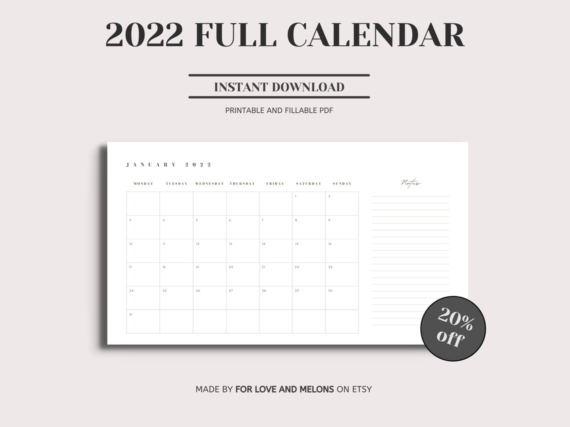 2022 Monthly Calendar With Notes | Printable Calendar | Template| Year ...