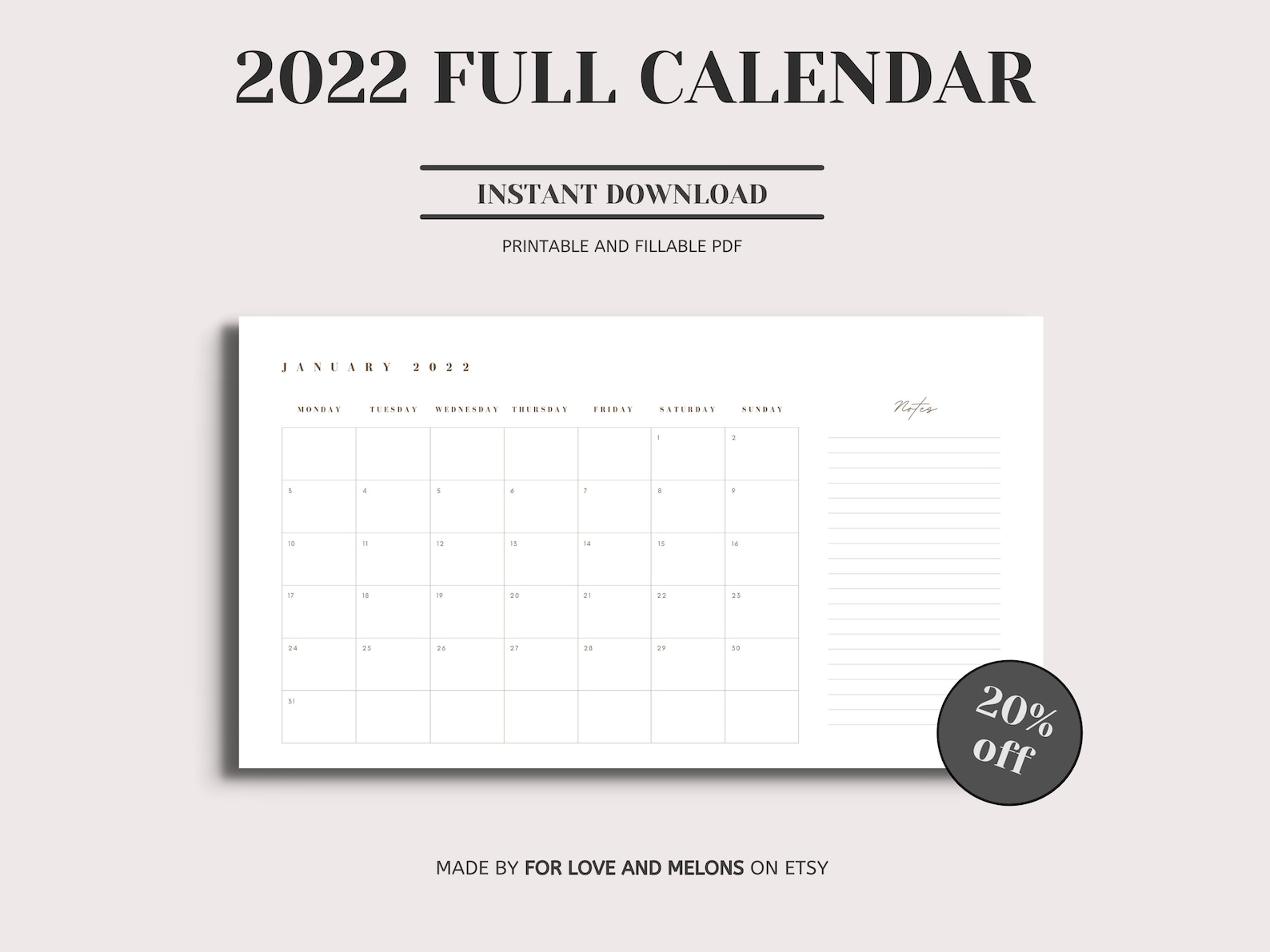 2022 Monthly Calendar With Notes | Printable Calendar | Template| Year ...