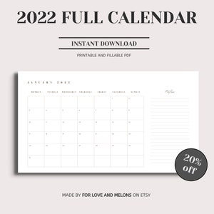 2022 Monthly Calendar With Notes | Printable Calendar | Template| Year ...