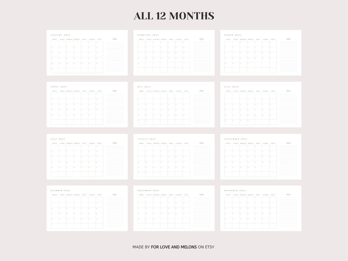 2022 Monthly Calendar With Notes | Printable Calendar | Template| Year ...