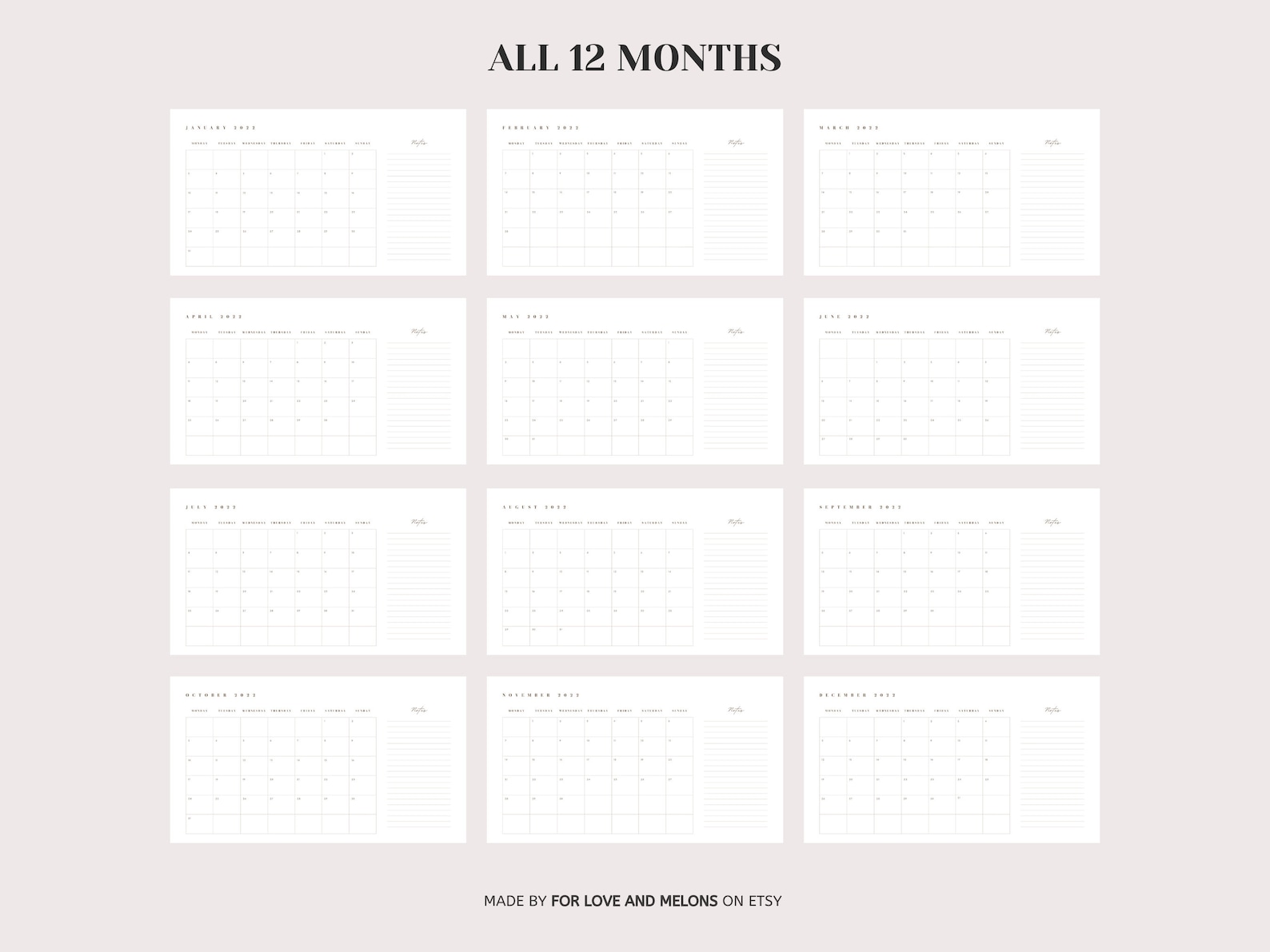 2022 Monthly Calendar With Notes | Printable Calendar | Template| Year ...