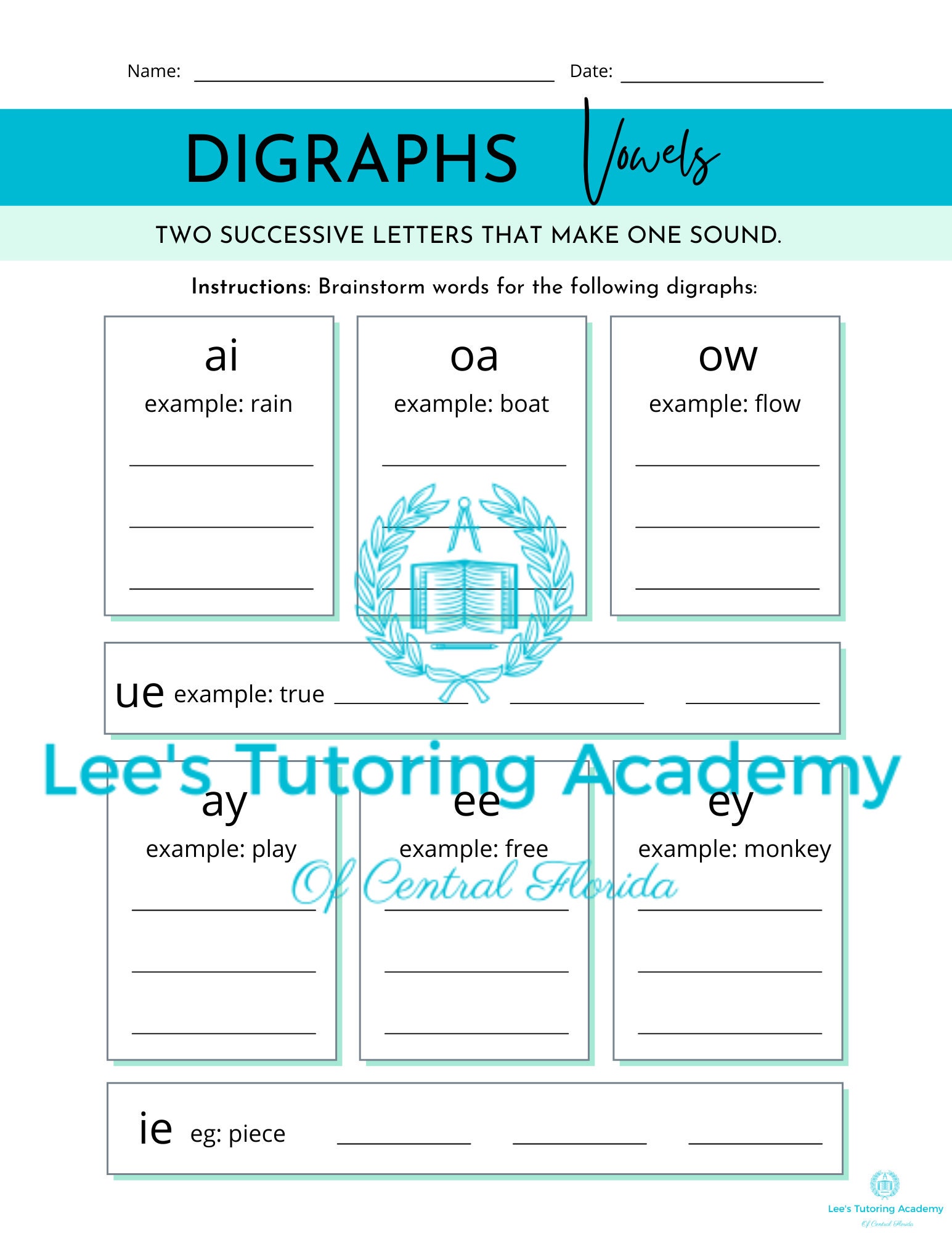 Kindergarten 1st Grade Phonics Vowel Teams Reading Spelling Digraph ...