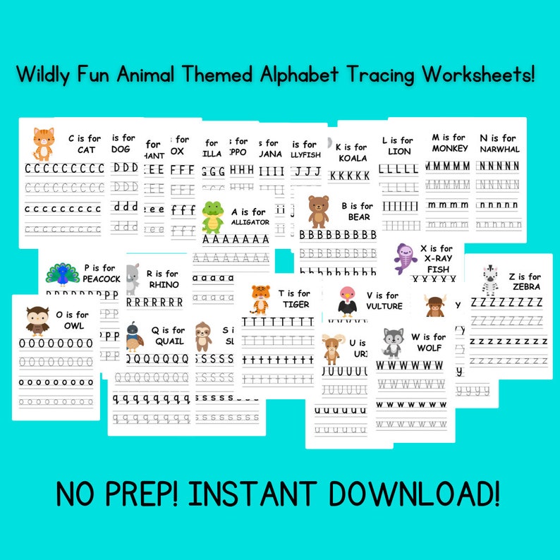 26 ABC Animal Themed Alphabet Tracing Worksheets | Instant Download ...
