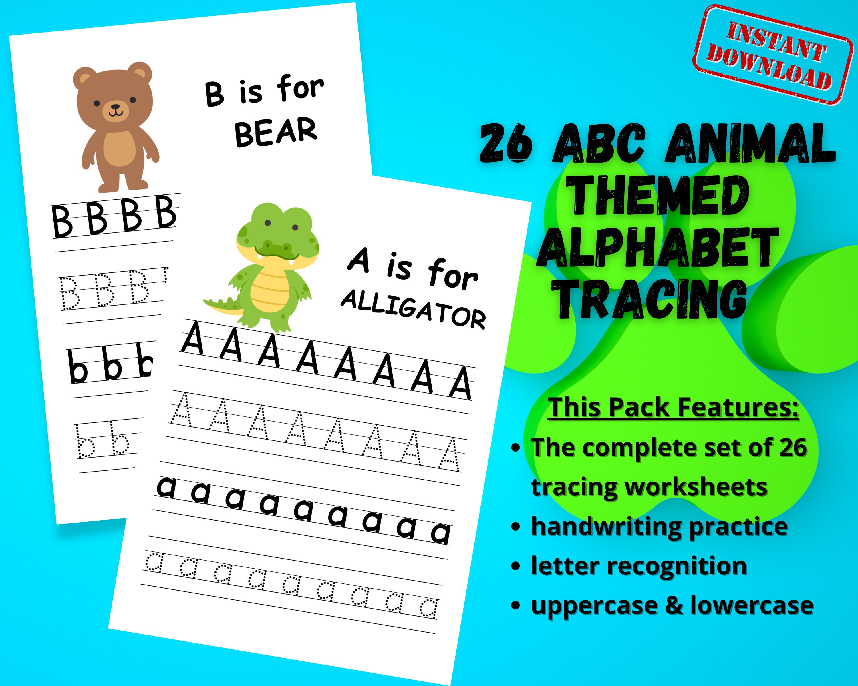 26 ABC Animal Themed Alphabet Tracing Worksheets | Instant Download ...