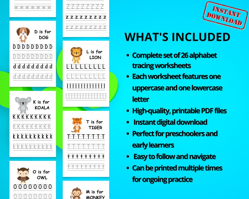 26 ABC Animal Themed Alphabet Tracing Worksheets | Instant Download ...