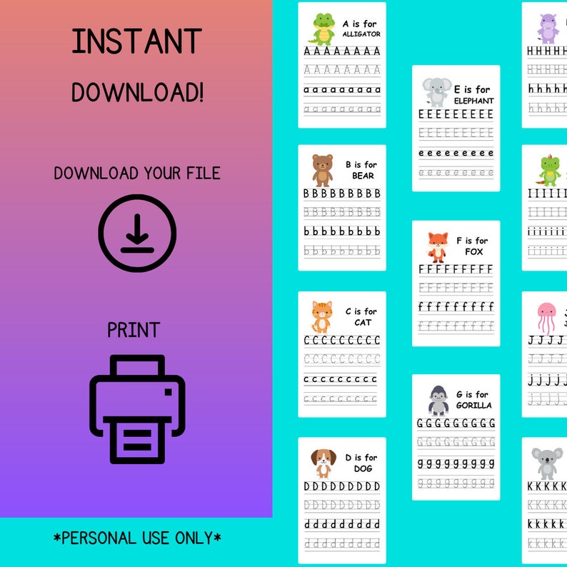 26 ABC Animal Themed Alphabet Tracing Worksheets | Instant Download ...
