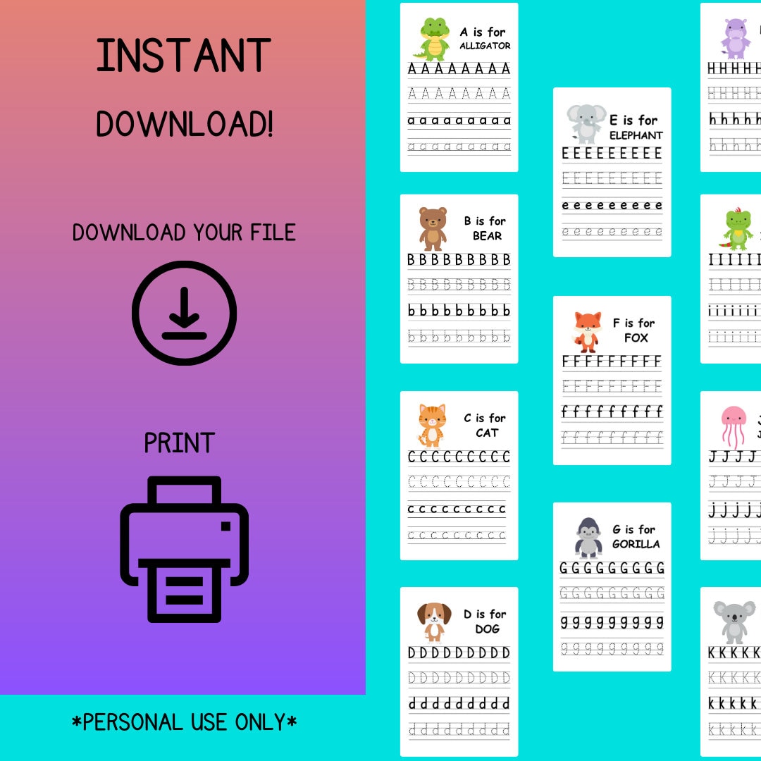 26 ABC Animal Themed Alphabet Tracing Worksheets | Instant Download ...