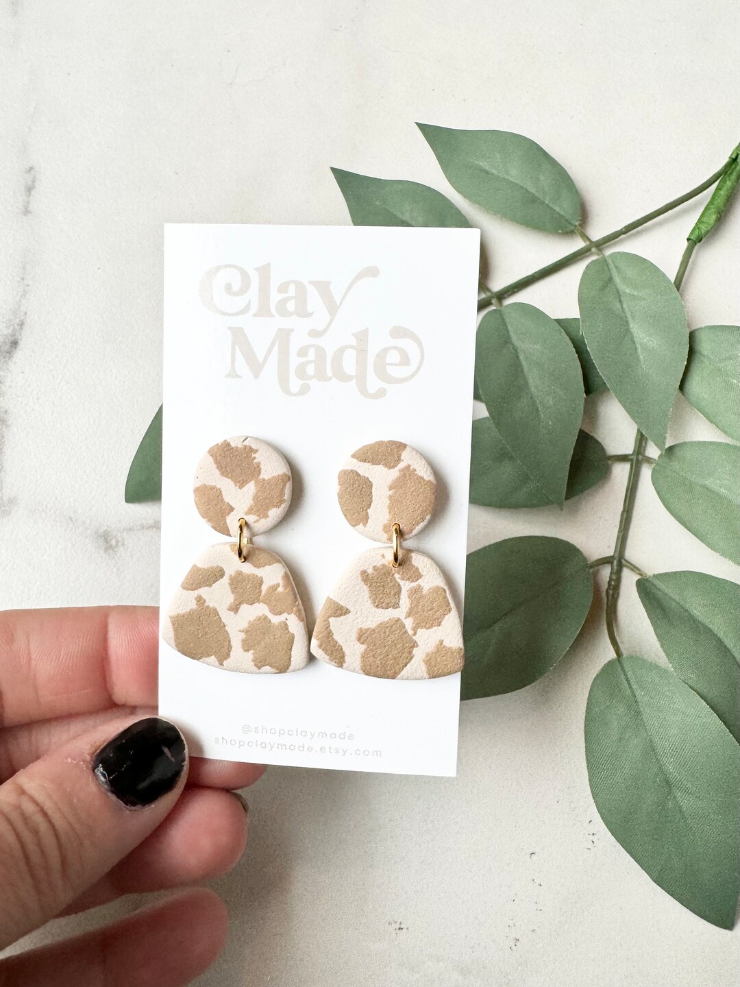 Texured Tan Cow Print Gumdrop Polymer Clay Earrings - Etsy