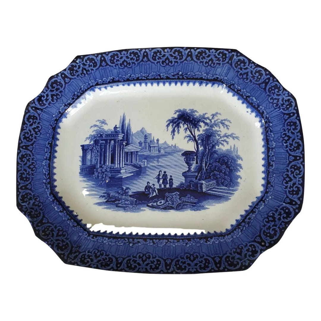 Large Antique Flow Blue Temple Pattern Platter - Etsy