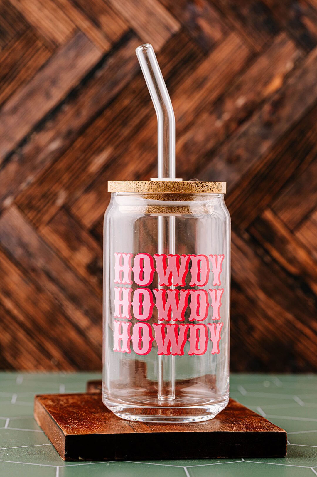 Howdy Glass Can Cup With Bamboo Lid and Straw Dishwasher Safe Western ...