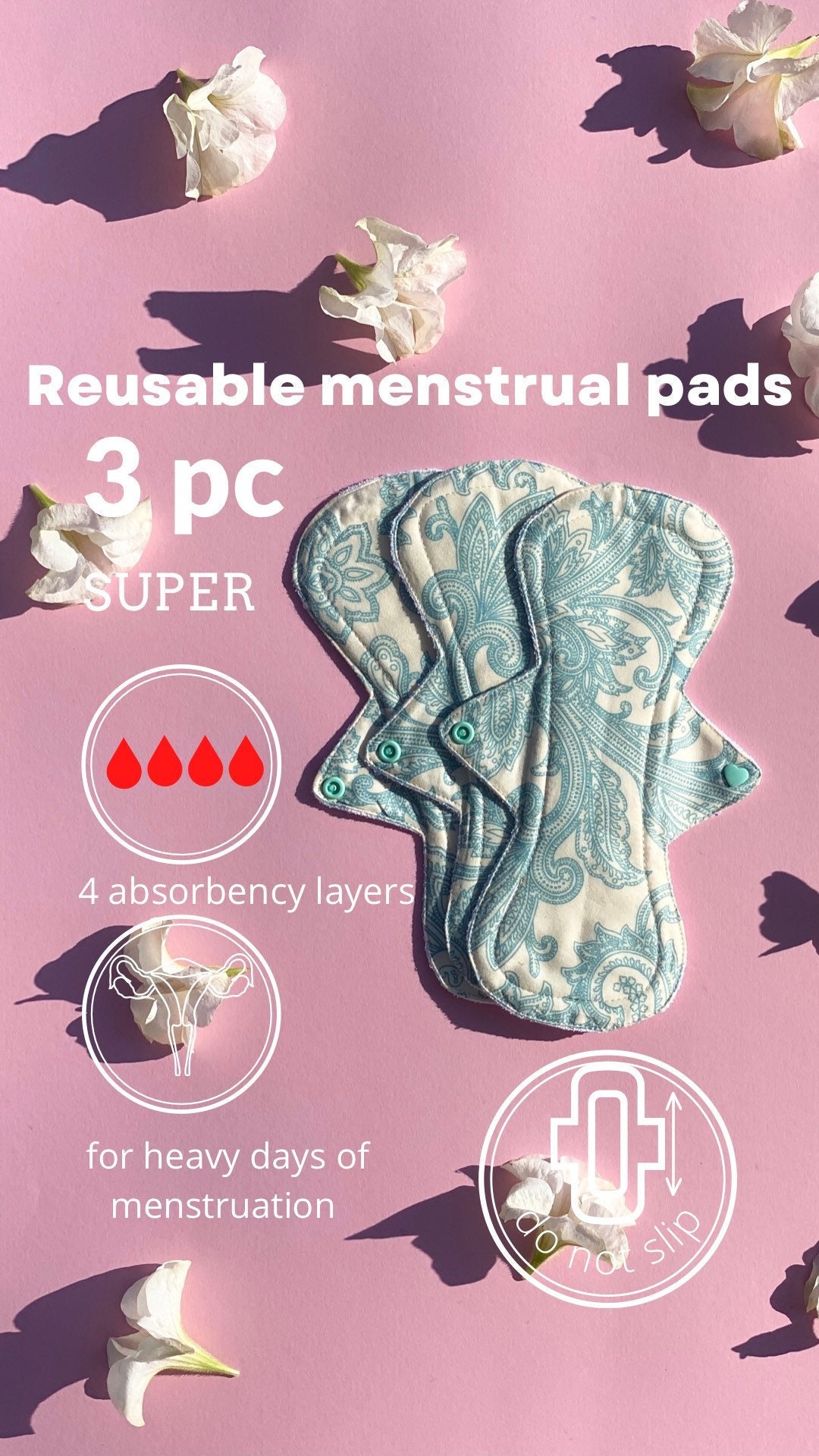 SUPER Package of 3 Cotton Menstrual Pads Thick Feminine Pad Cloth Pad ...