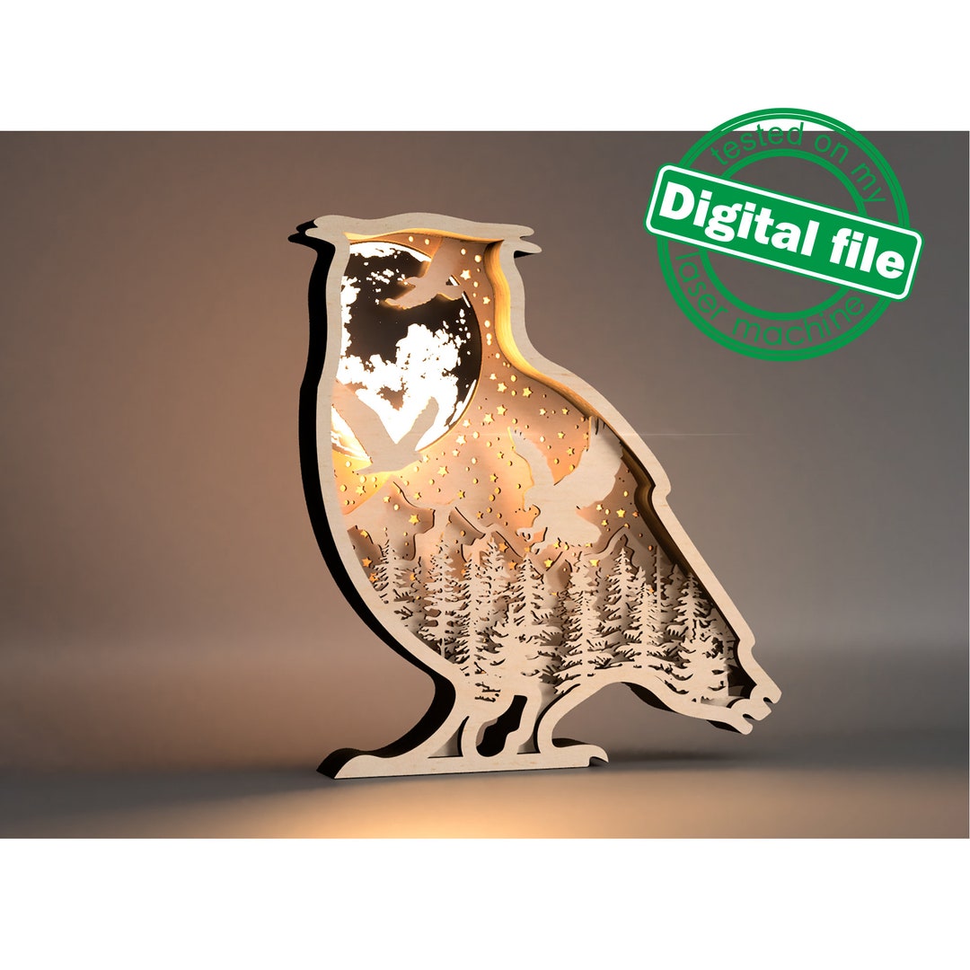 DXF, SVG Files for Laser Light Box Owl,forest,mountains, Glowing Moon ...