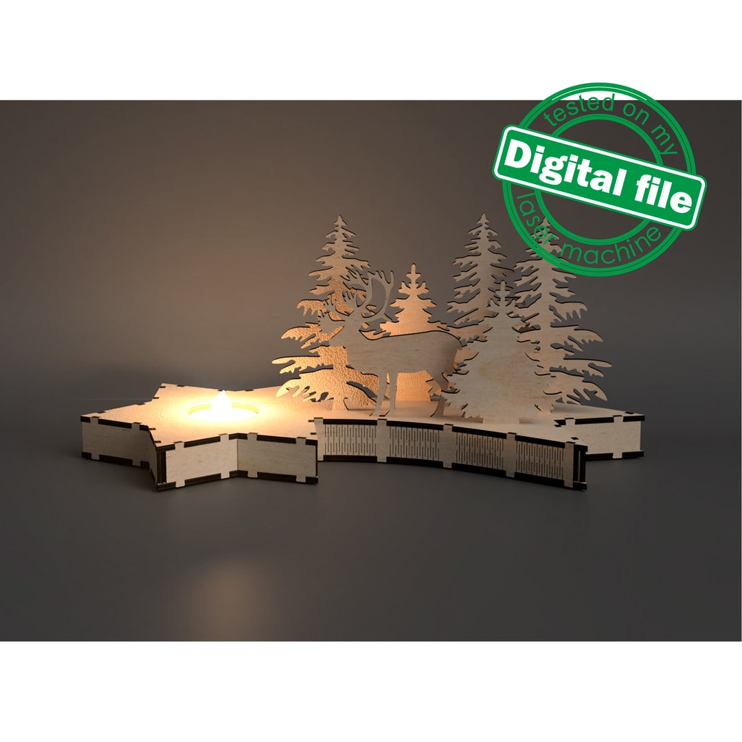 DXF, SVG Files for Laser Tea Сandle Holder Deer in Winter Forest ...