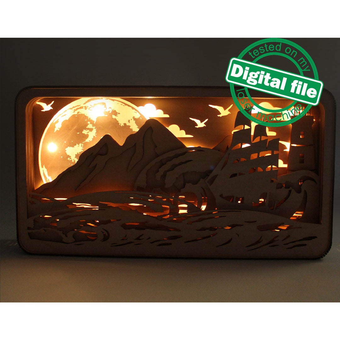 DXF, SVG Files for Light Box Waves, Mountains, Ocean, Lighthouse, Ship ...