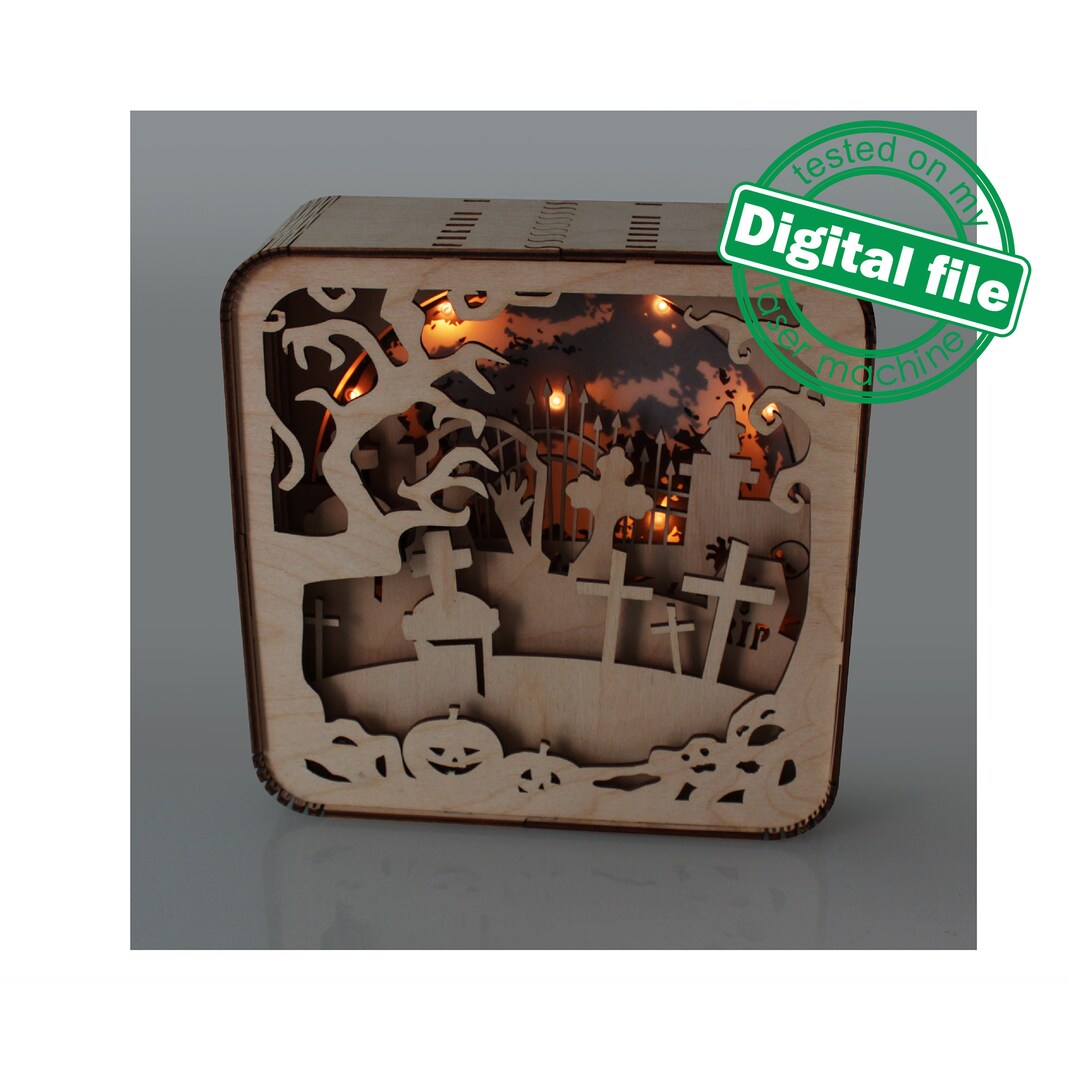 DXF, SVG Files for Laser Halloween Light Box Night on Graveyard ...