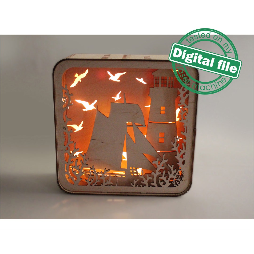 DXF, SVG Files for Laser Light Box Lighthouse, Ship, Vector Project ...