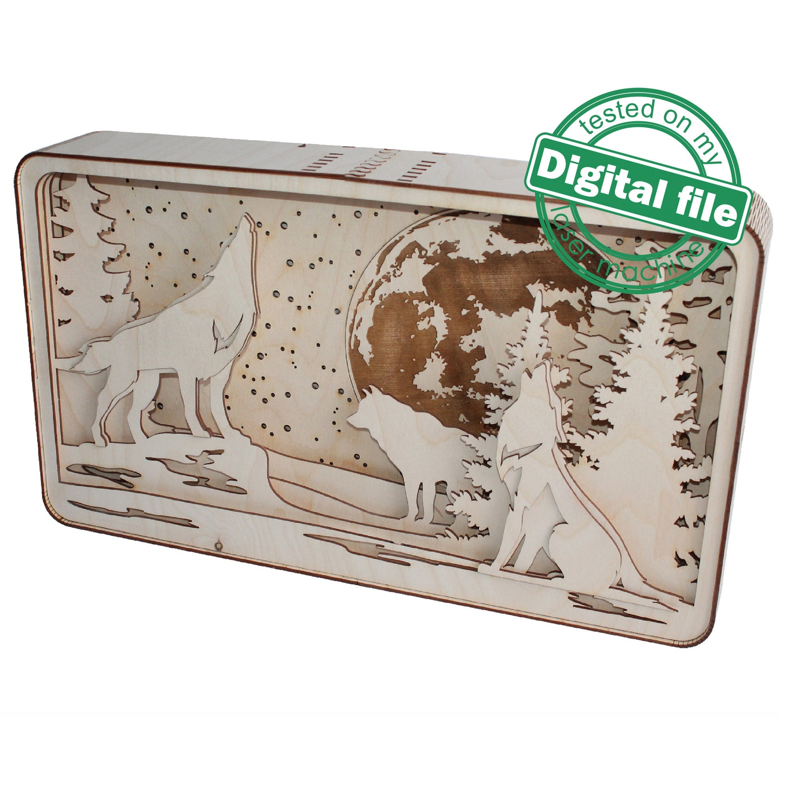 DXF, SVG Files for Laser Shadow Box Three Howling Wolves, Glowing Moon ...