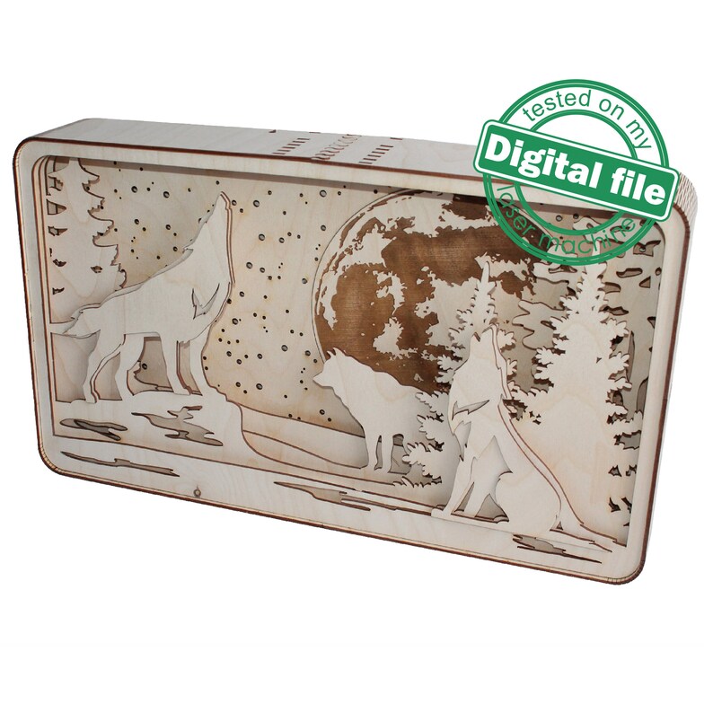 DXF, SVG Files for Laser Shadow Box Three Howling Wolves, Glowing Moon ...