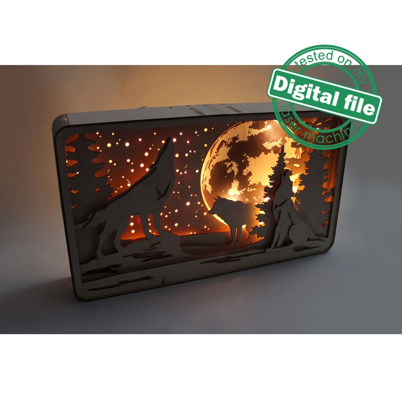 DXF, SVG Files for Laser Shadow Box Three Howling Wolves, Glowing Moon ...