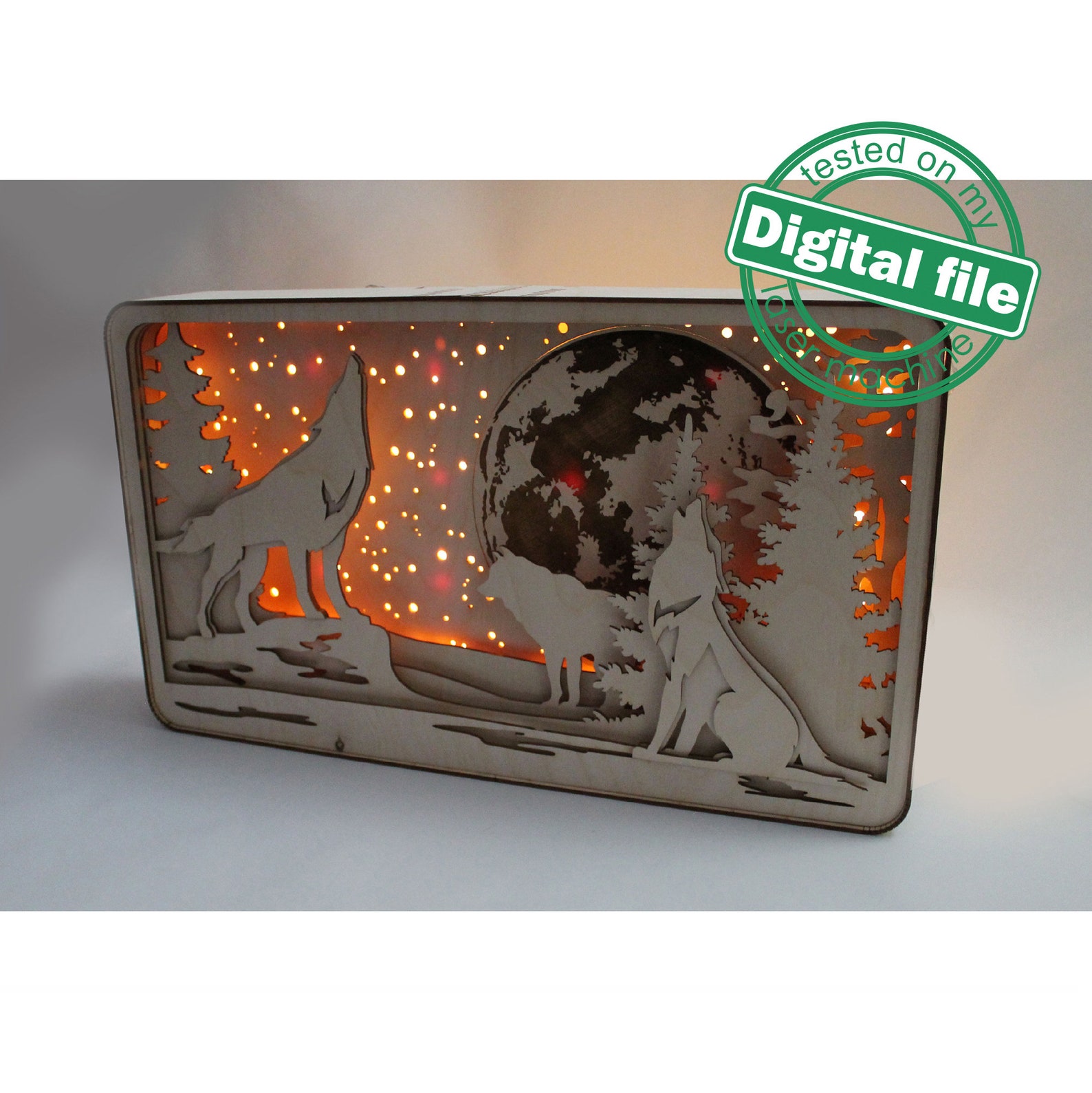 DXF, SVG Files for Laser Shadow Box Three Howling Wolves, Glowing Moon ...