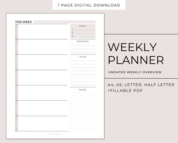 Printable Weekly Overview Planner Weekly Planner Work | Etsy