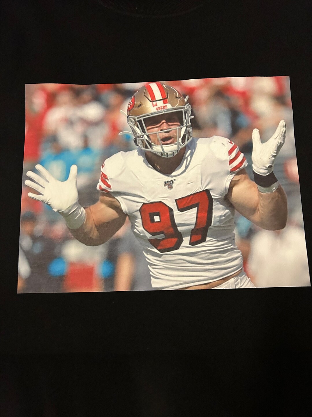 49ers Nick Bosa Shrug Premium T Shirt in Mens Sizes S-3XL in White or ...