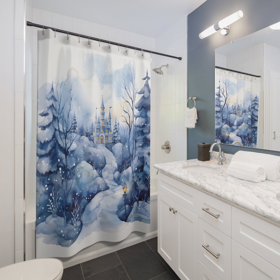 Winter Christmas Shower Curtain, Holiday Bathroom Decor, Xmas Bath ...