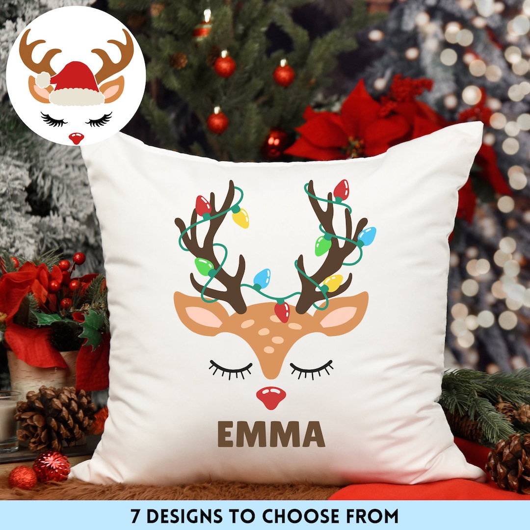 Personalized Monogram Christmas Reindeer Throw Pillow, Family Name ...