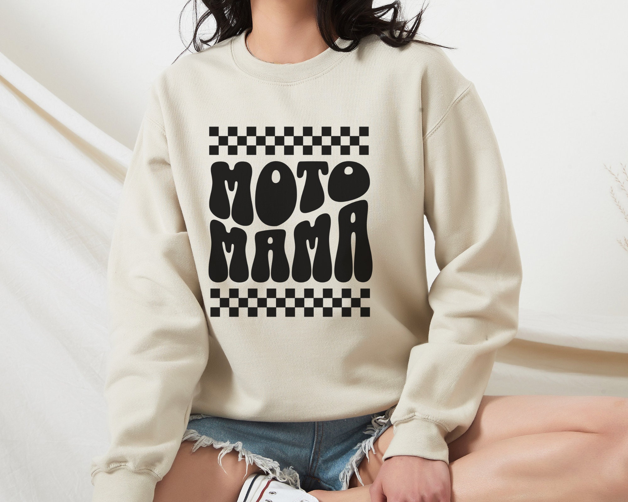 Checkered Retro Moto Mama Sweatshirt, Bike Race Day Fan Lover Gift ...