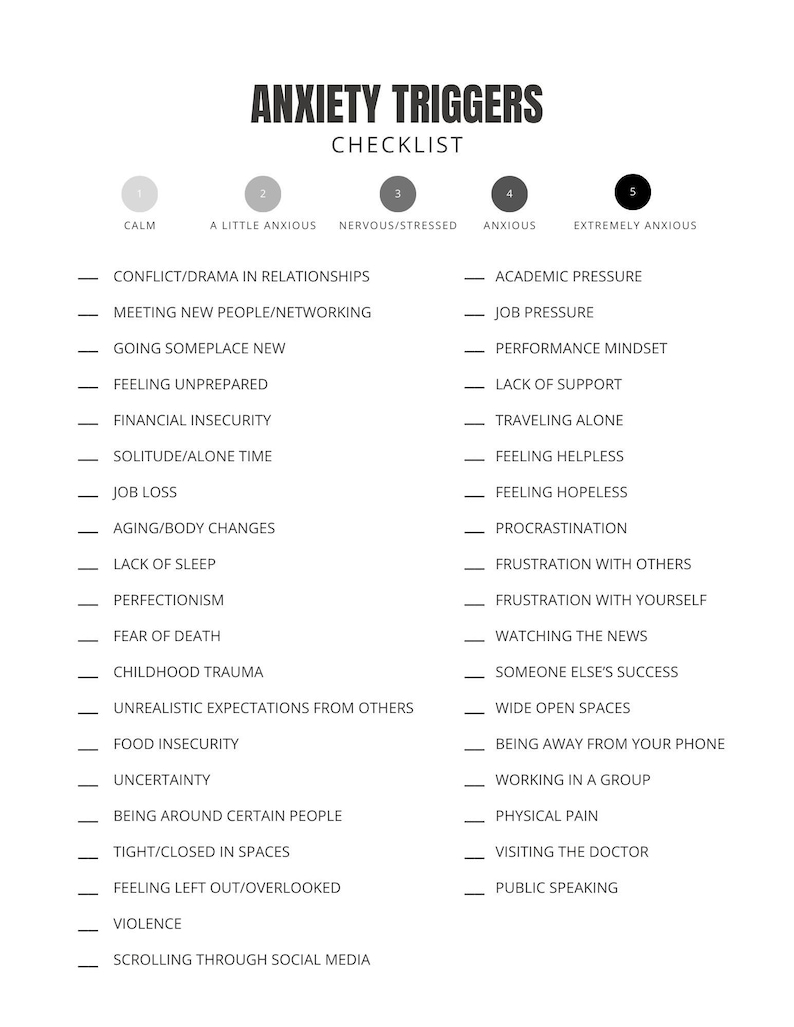 Anxiety Triggers Checklist - Printable Journal Worksheet (US Letter ...