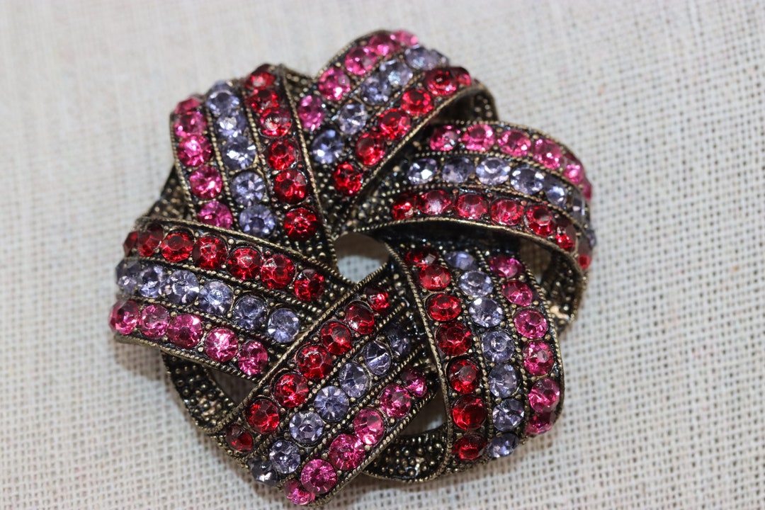 Vintage Signed Monet Bow Brooch Pin Bronze Tone and Christmas Red ...