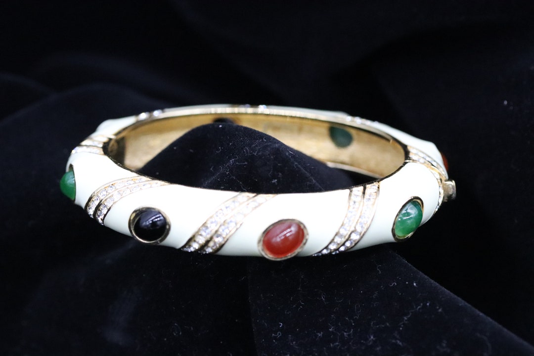 Vintage Signed Ciner Enamel Bangle Bracelet Creme Enamel With Multi ...