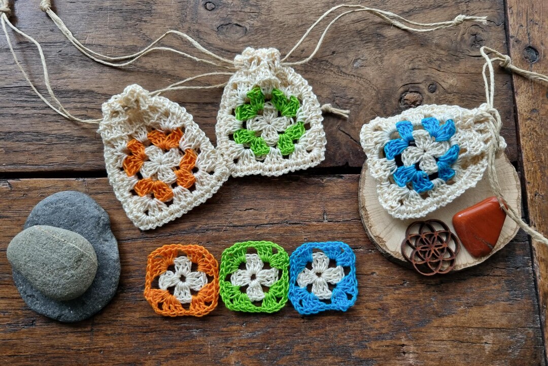 Cotton Pouch - Stone Pouch - Crystals - Granny Square - Linen String ...