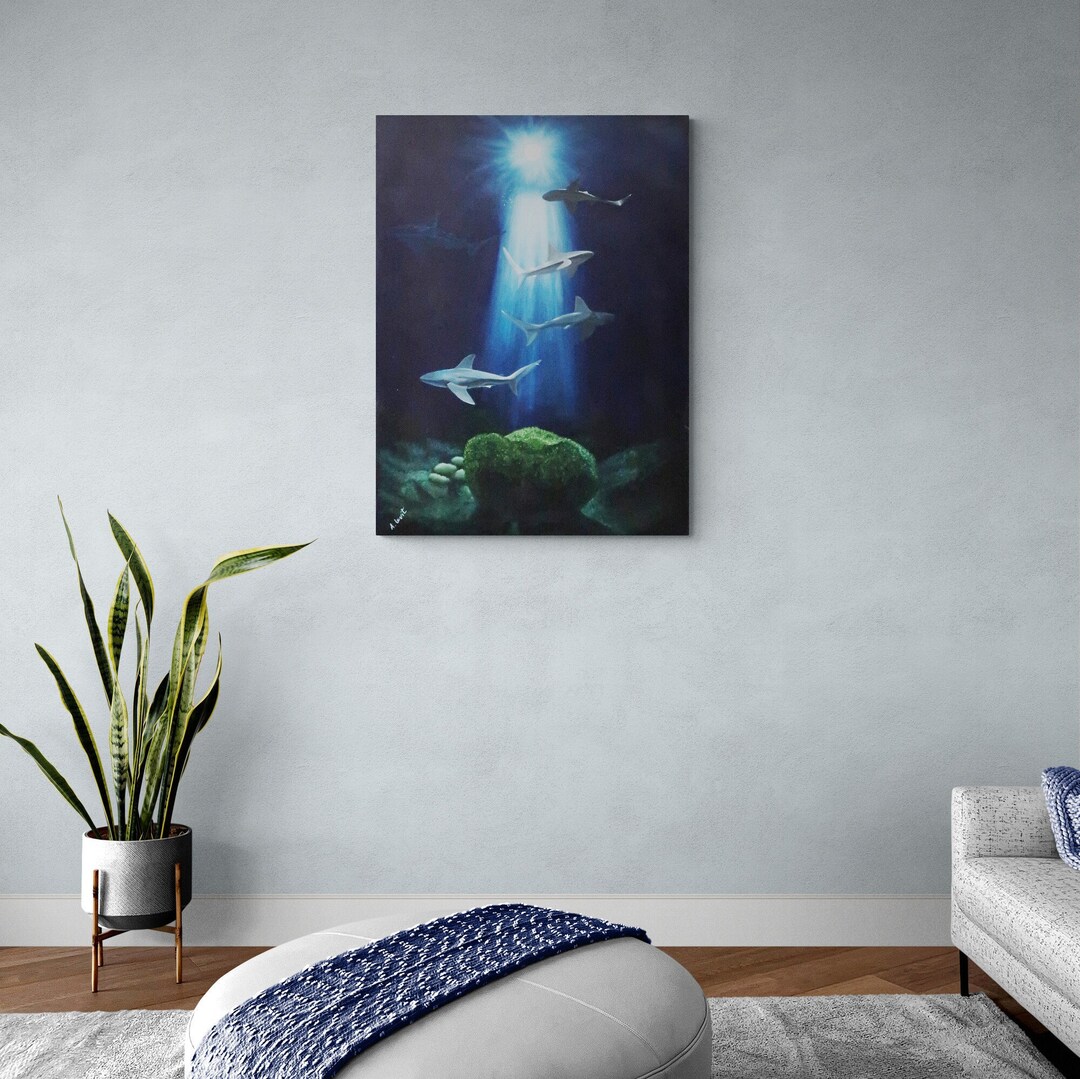 Dark Blue Sharks in Deep Water Oil Painting on Canvas. Underwater Life ...
