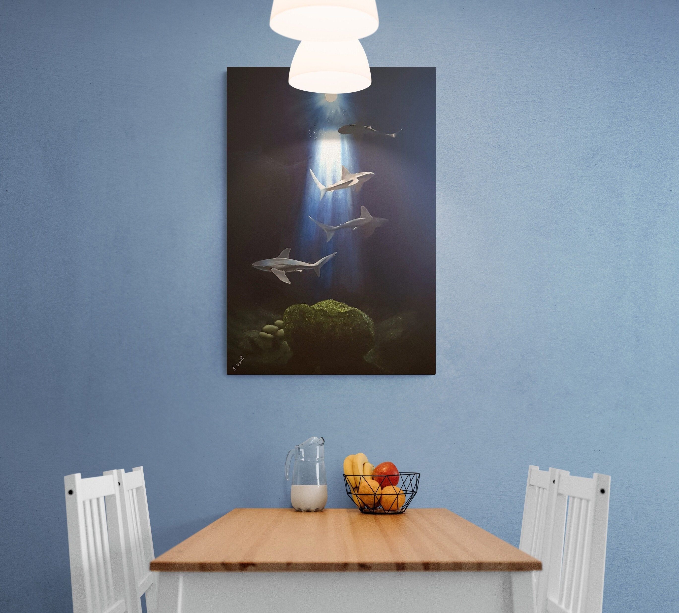 Hand Painted Sharks. Underwater Life Wall Art. Moon Water Oil Painting ...