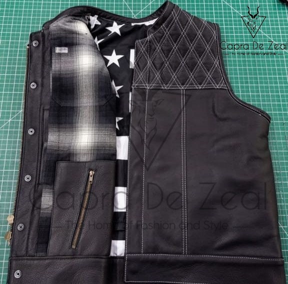 Men's Club Style Leather Vest F1 Vintage Flag Men's Leather Vest Hunt ...