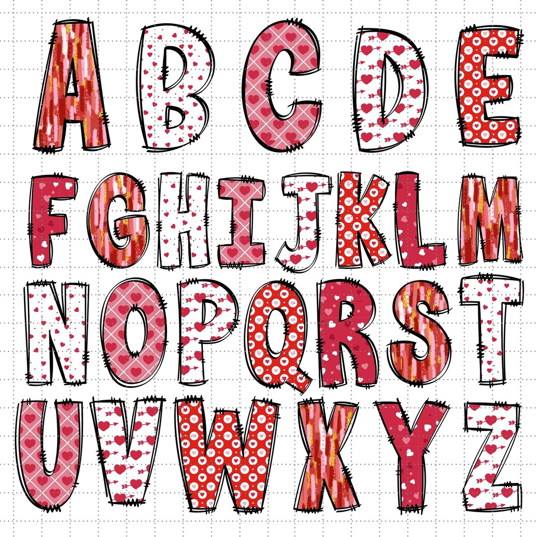 Valentine Doodle Letters V2, Valentines Alphabet PNG, Valentines Day ...