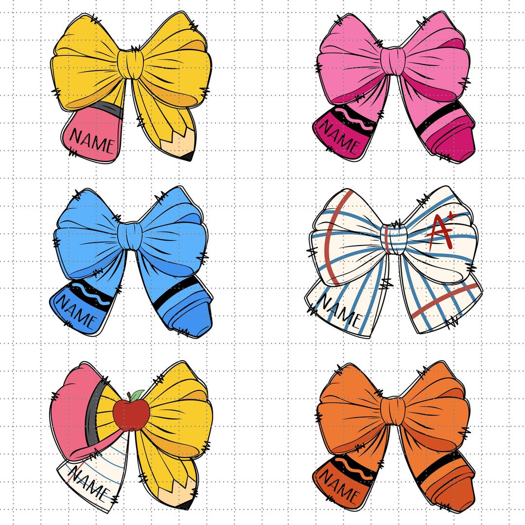 Teacher Coquette Bows Png Bundle, Custom Name Pencil Bow Png, Crayon ...