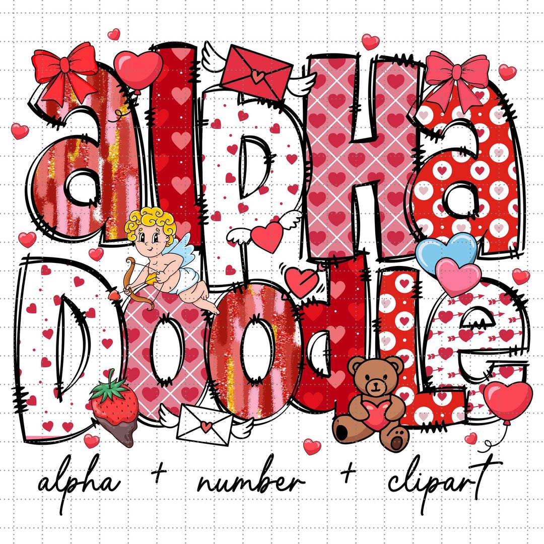 Valentine Doodle Letters V2, Valentines Alphabet PNG, Valentines Day ...