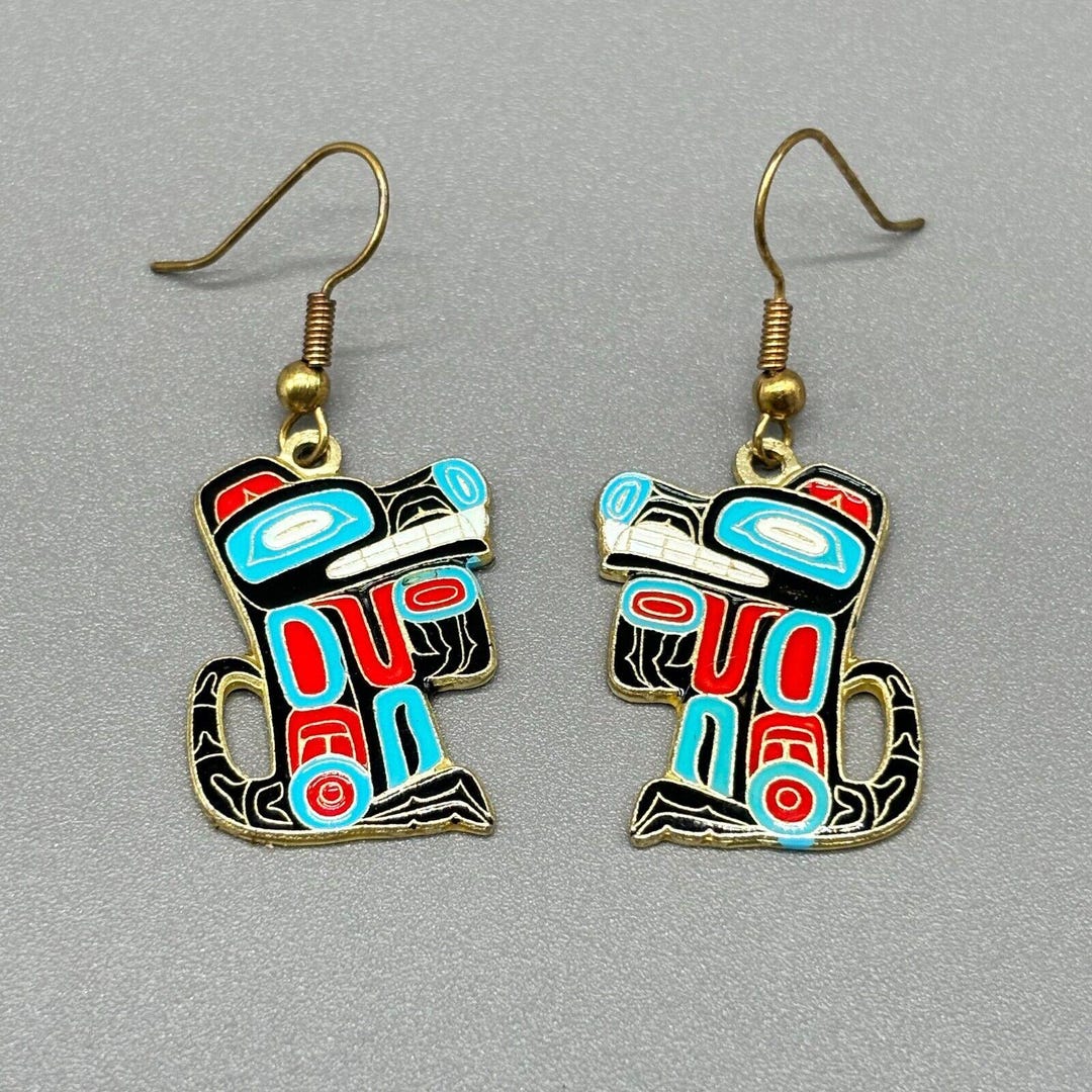 Haida Tlingit Art Wolf / Dog Enamel Earrings Dangle Drop Blue Red Black ...