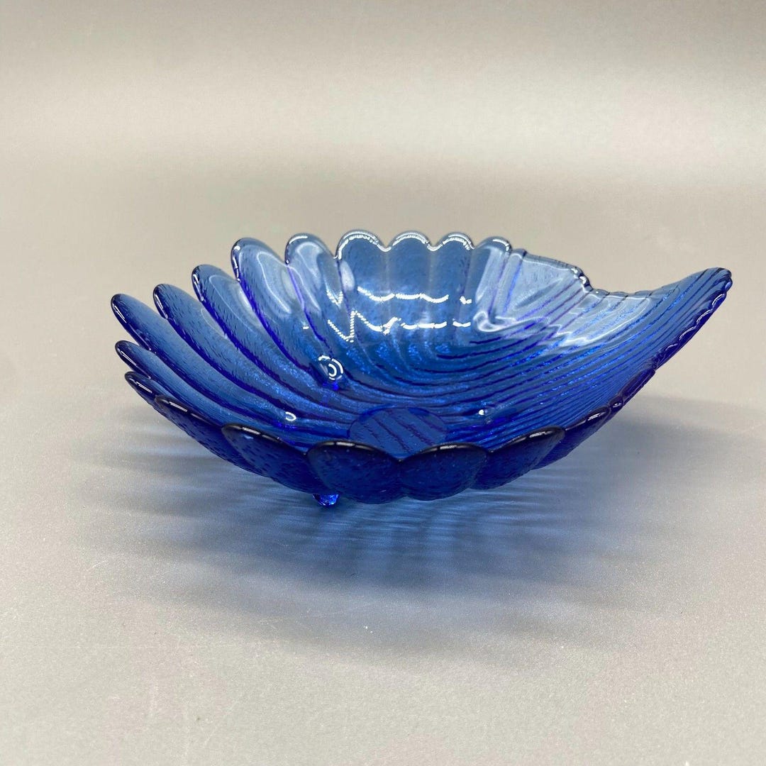 Vintage Cobalt Blue Glass Shell Bowl Ribbed Fan Shape Footed Candy ...