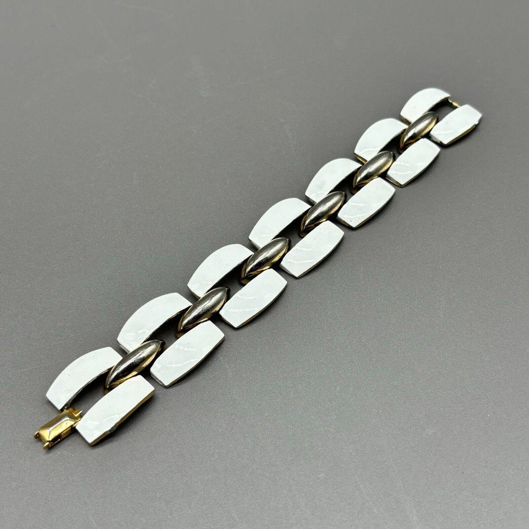 Vintage Monet Link Bracelet Wide Chunky White Enamel / Gold Tone Mid ...