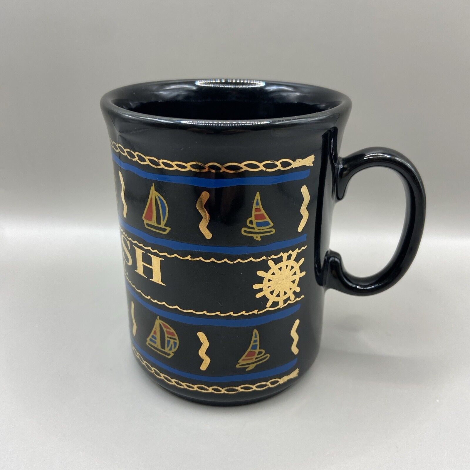 Vintage Saltash Cornwall Coffee Mug With Black, Gold, and Blue Nautical ...
