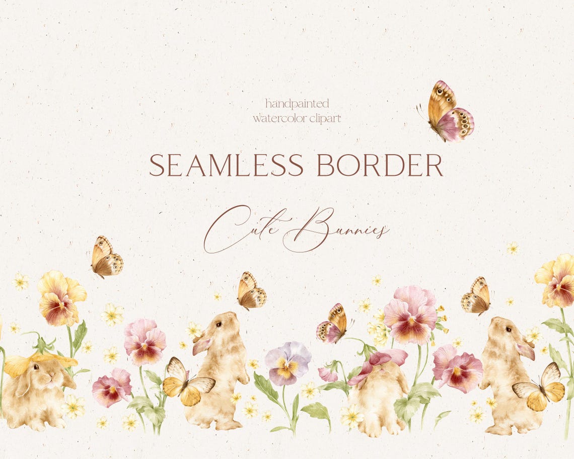 Watercolor Bunnies Border, Tiny Bunny Clipart, Watercolor Pansies ...