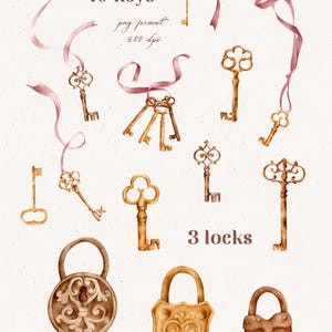 Watercolor Vintage Keys and Locks Clipart (PNG) - Etsy